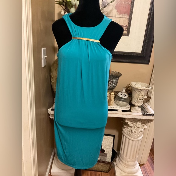 Michael Kors | Dresses | Michael Kors Aqua Dress Gold Gathered Front ...